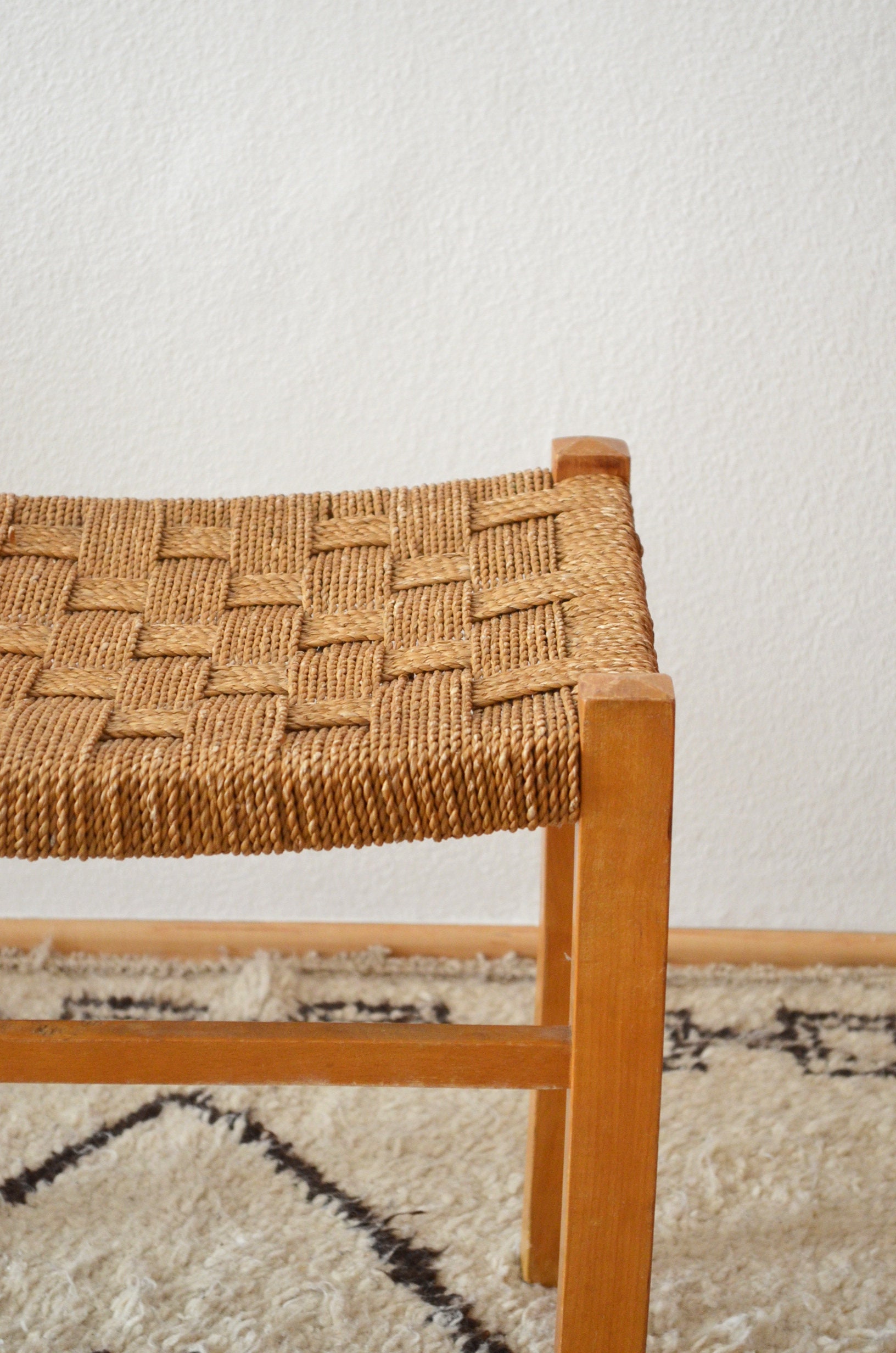 Vintage sisal rattan boho stool wicker mid century