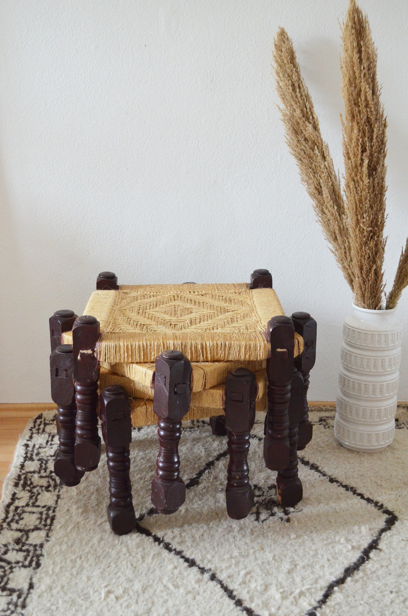 Vintage Macrame Sisal & Wood Stool boho stool wicker mid | Etsy