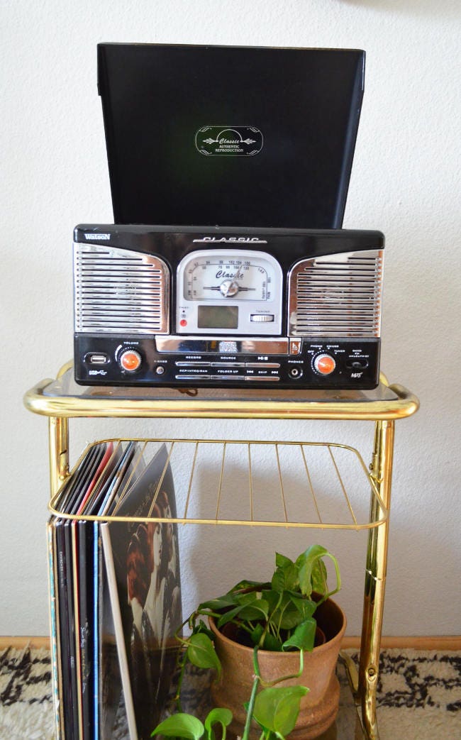 Gold vintage record stand, side table brass with glass for turntable