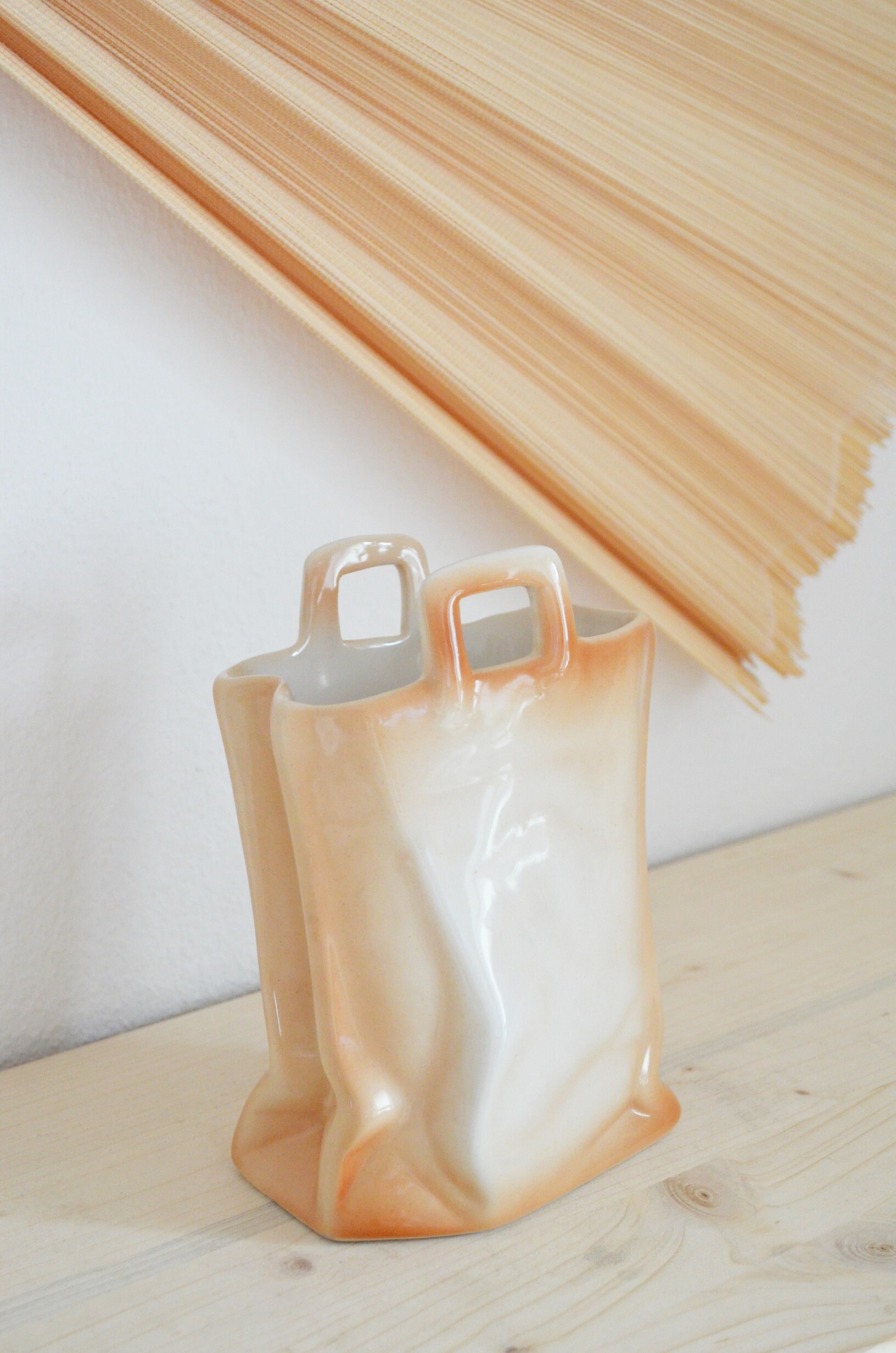 90's ceramic vase flower pot in paper bag shape beige brown