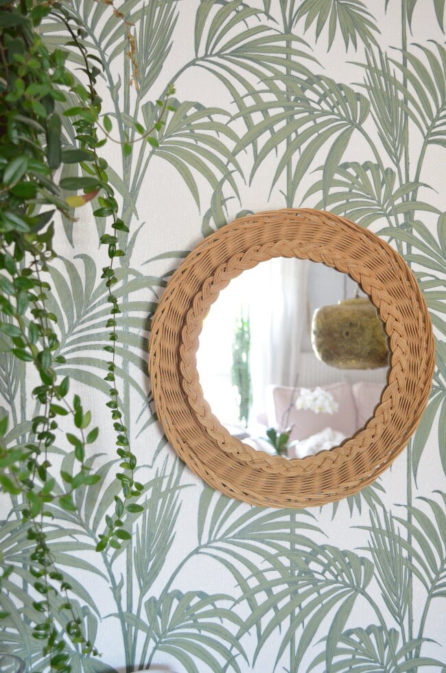 Vintage 1960 Rattan mirror around 40 cm mid century wall mirror