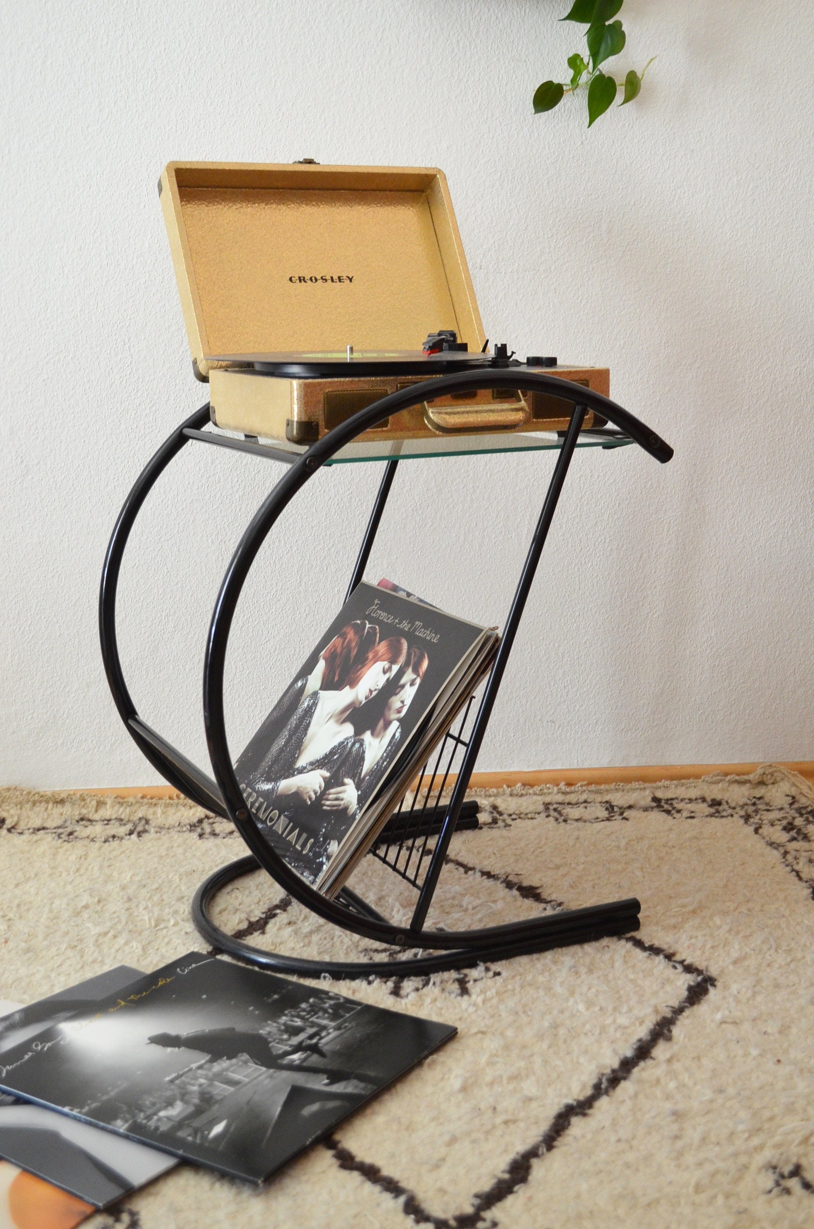 Vintage Record Stand, side table with glass for turntables, black ...