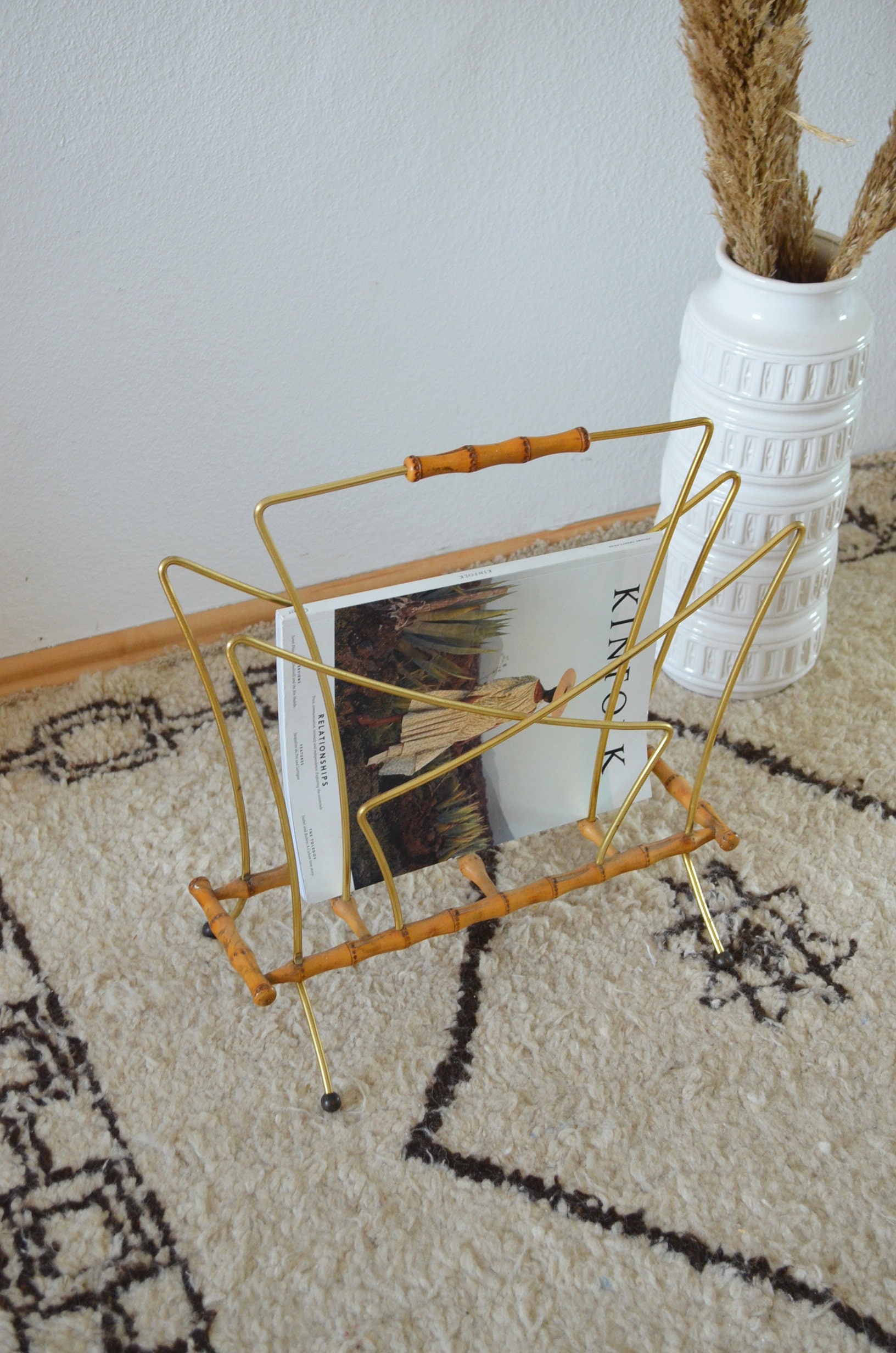 Vintage newspaper stand brass & wood gold 1960s boho brass magazine holder