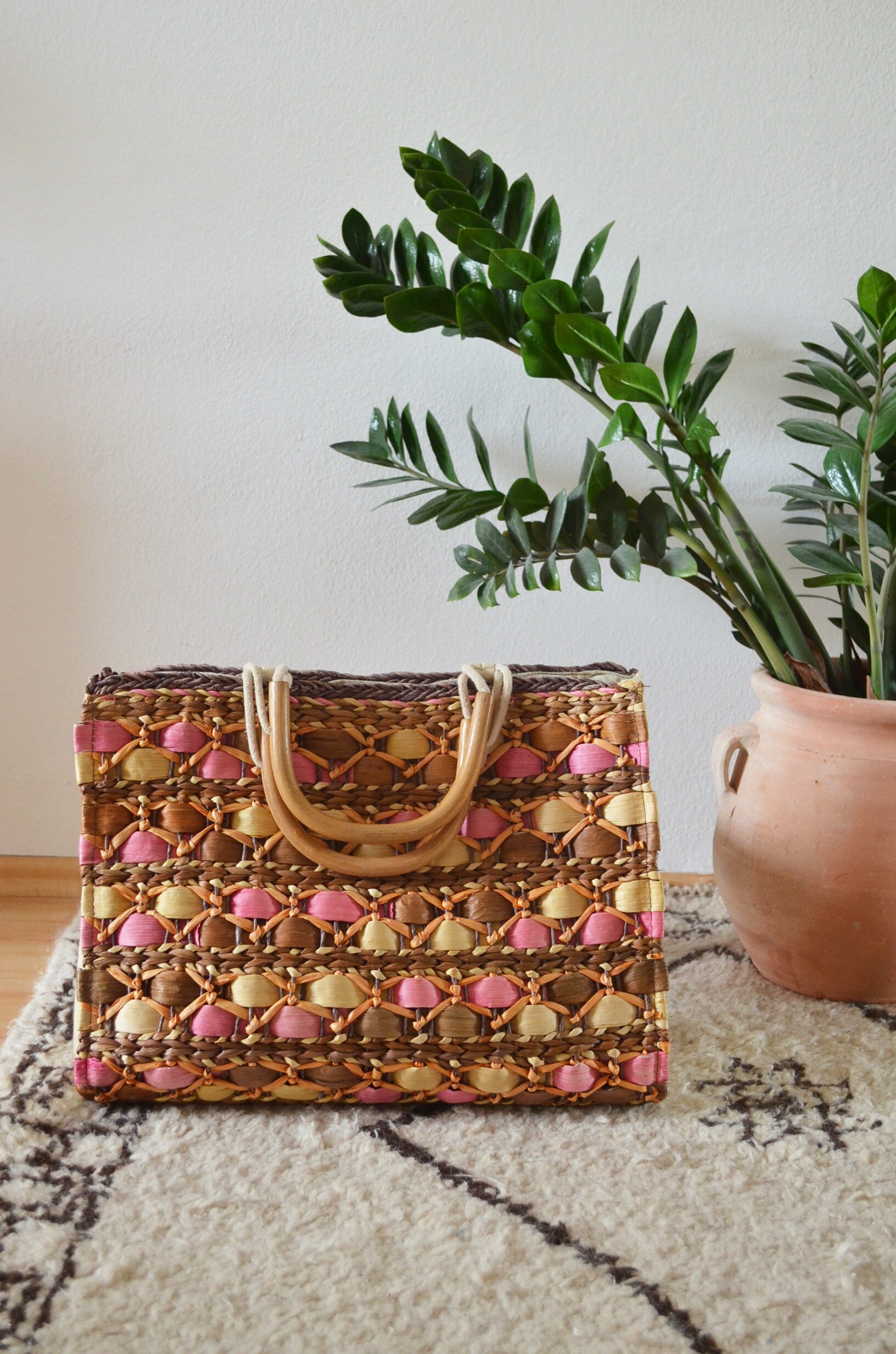 Vintage straw bag pink orange natural handbag boho