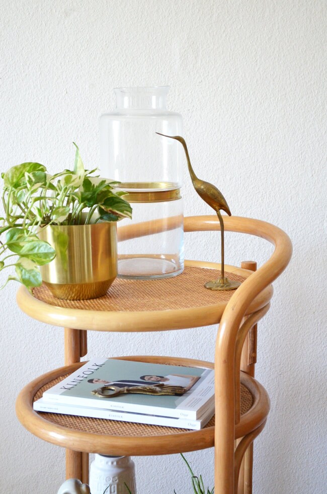 Bamboo Bar cart round trolley occasional table side table boho Rattan