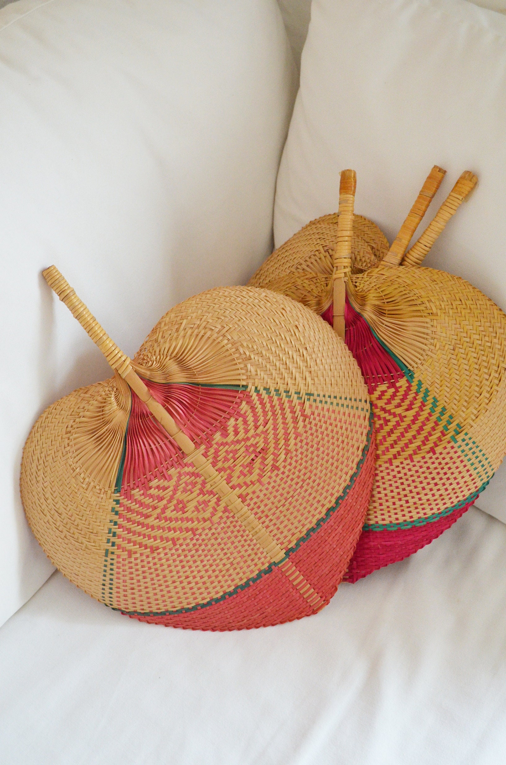 Vintage palm frond hand fan fan rattan boho boheme pink ethno