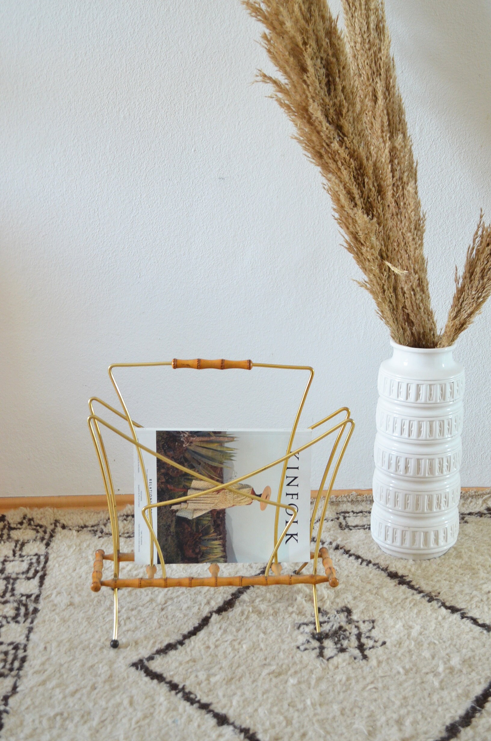 Vintage newspaper stand brass & wood gold 1960s boho brass magazine holder