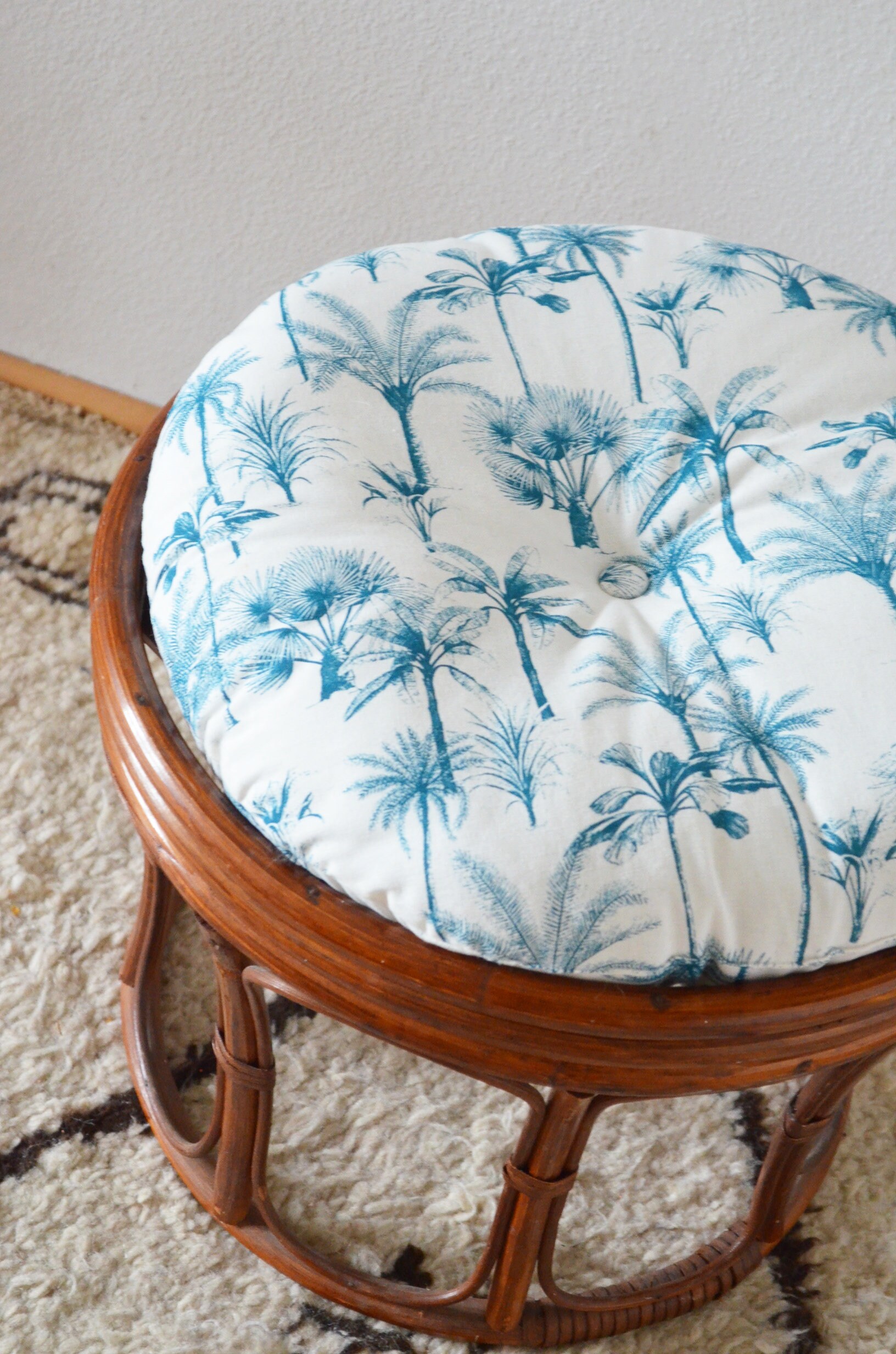 Vintage bamboo stool with palm pillow boho bamboo stool round