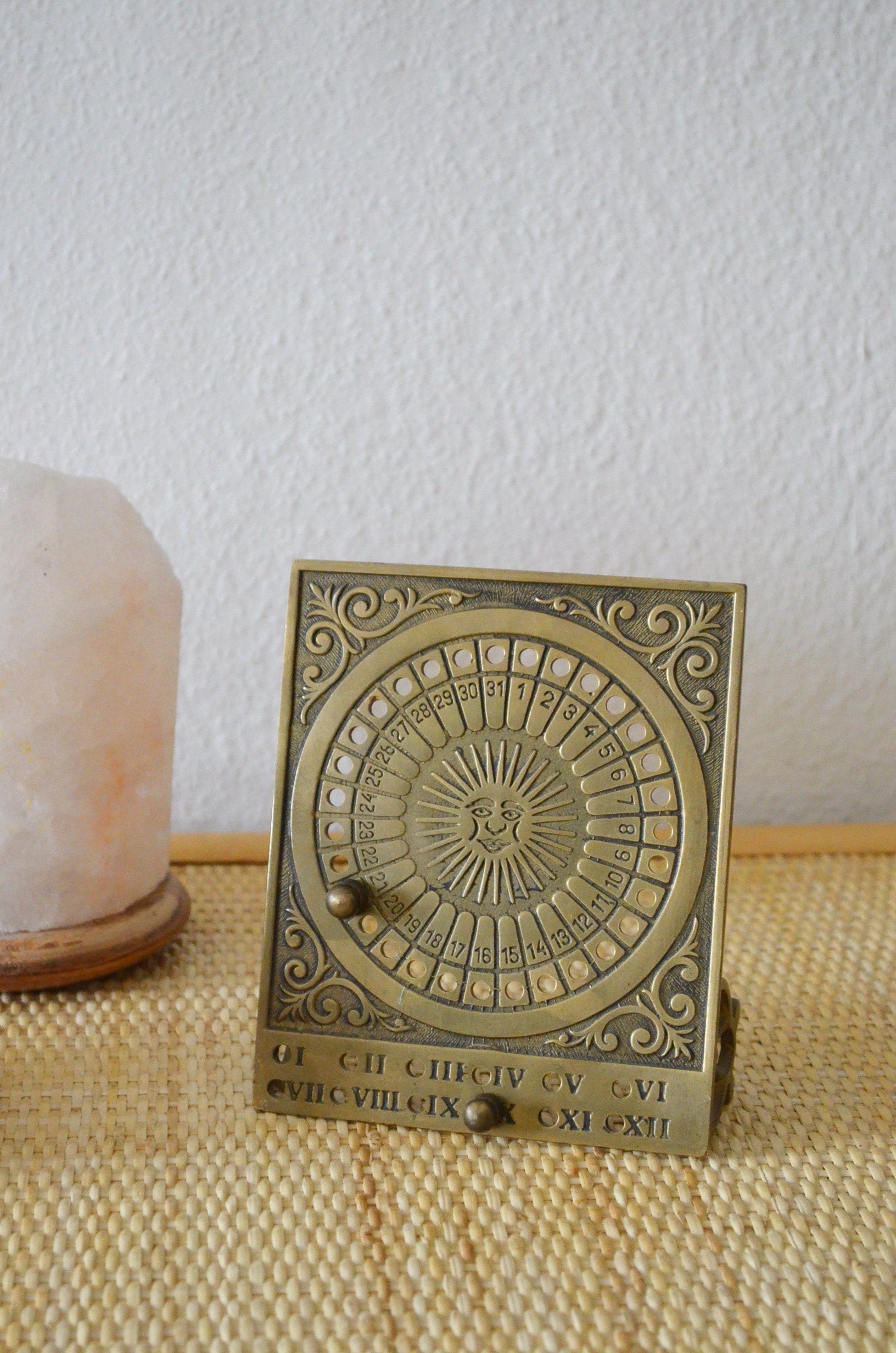 Vintage calendar in brass, table calendar sun, calender sun brass