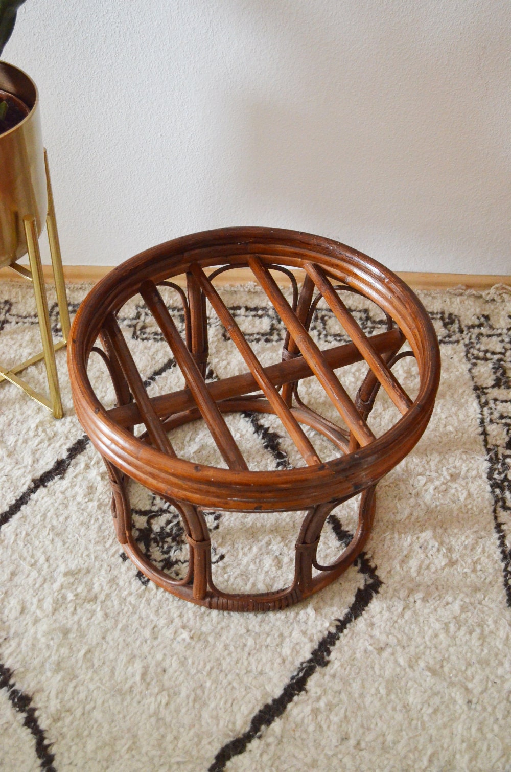 Vintage bamboo stool with palm pillow boho bamboo stool round