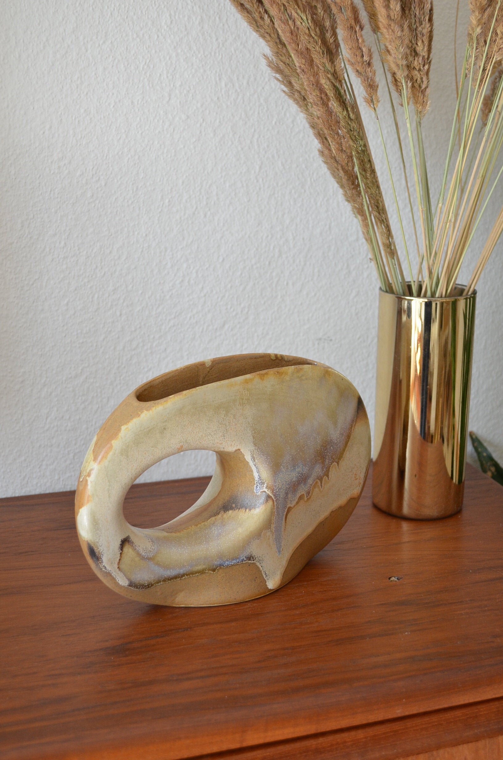 Mid century vase beige handmade round circle with hole