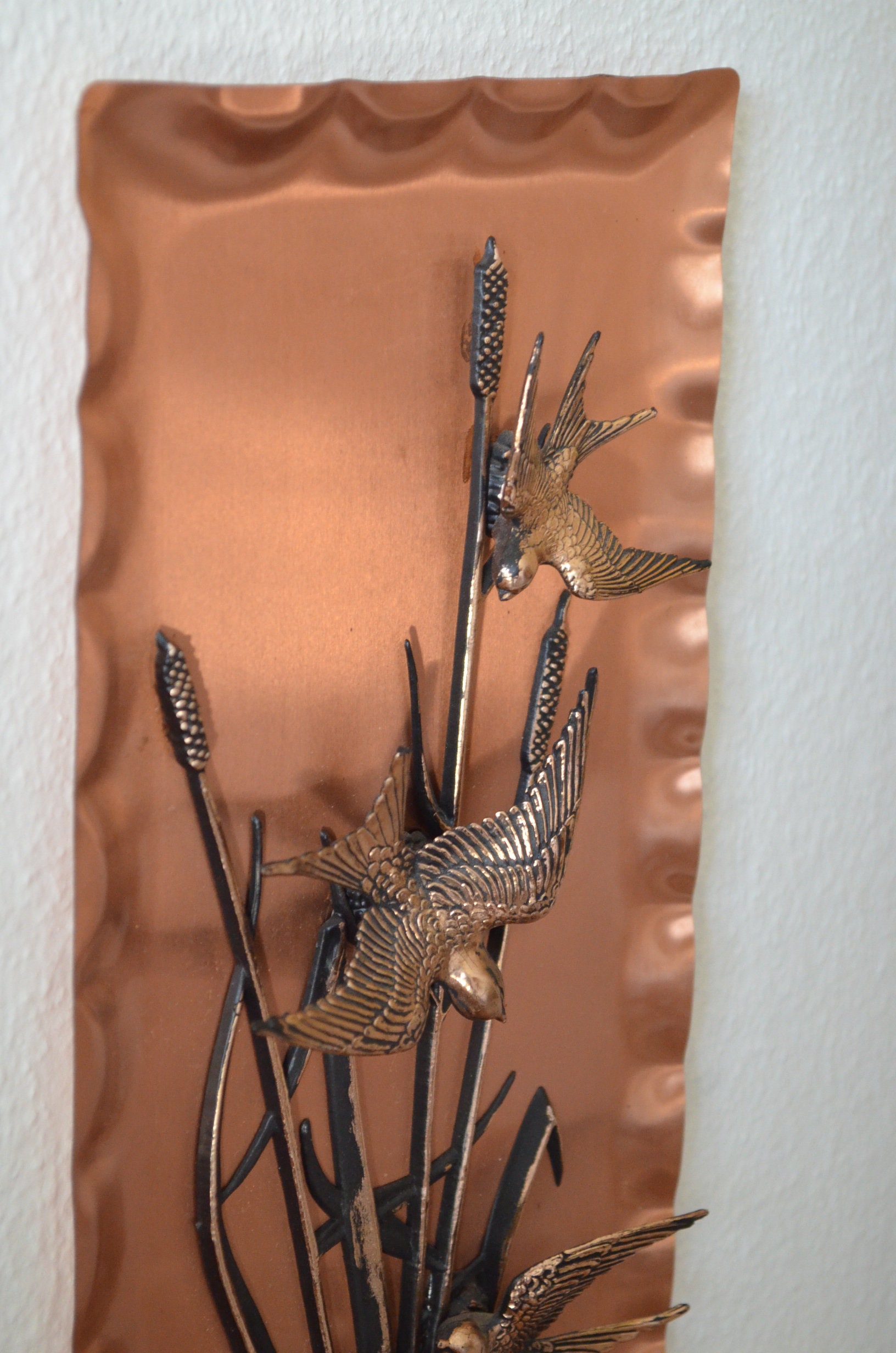 Vintage copper engraving mural birds 3D picture GDR copper swallows