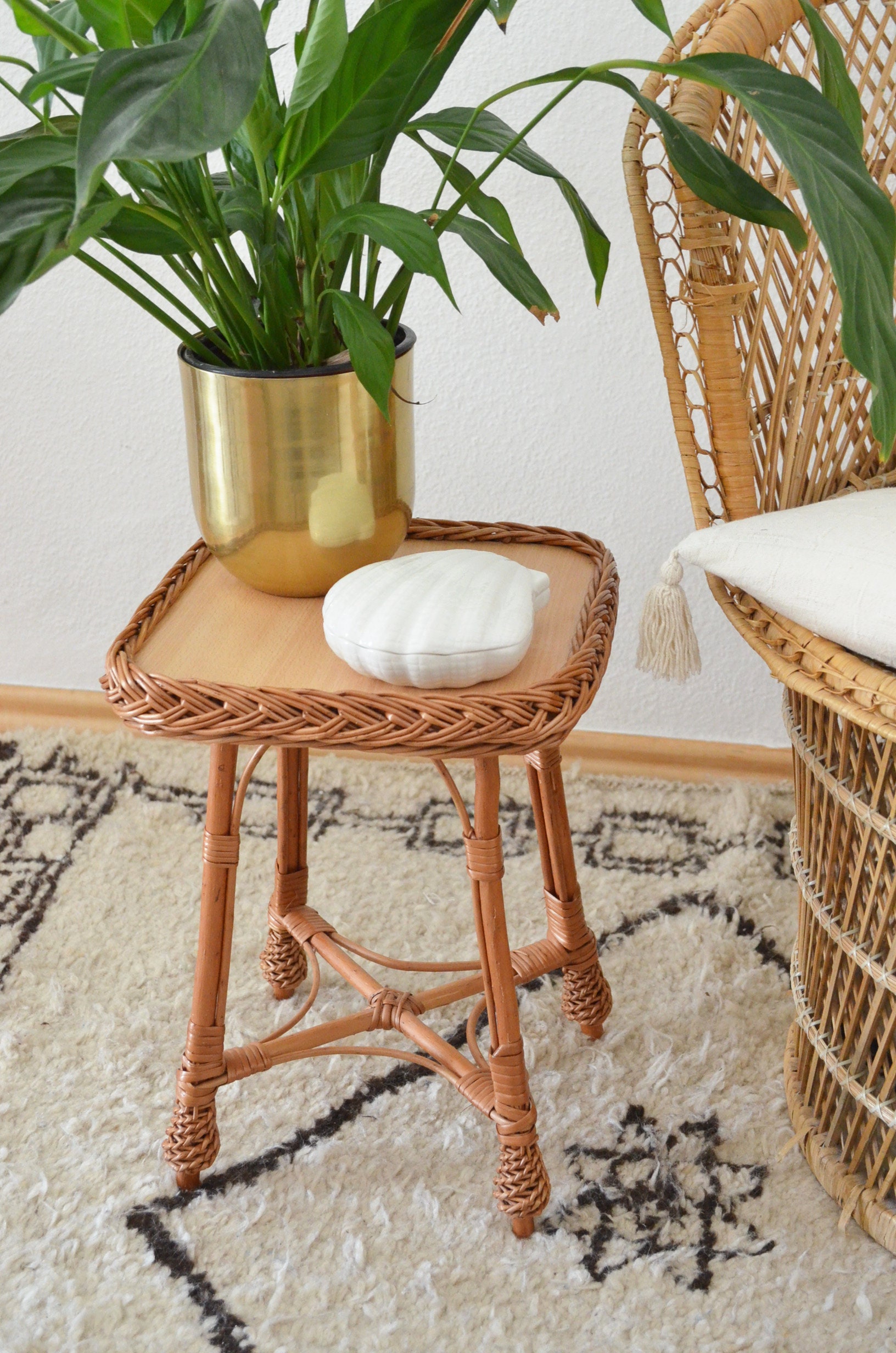 Vintage rattan boho flower bench stool side Table plant stand plants ...