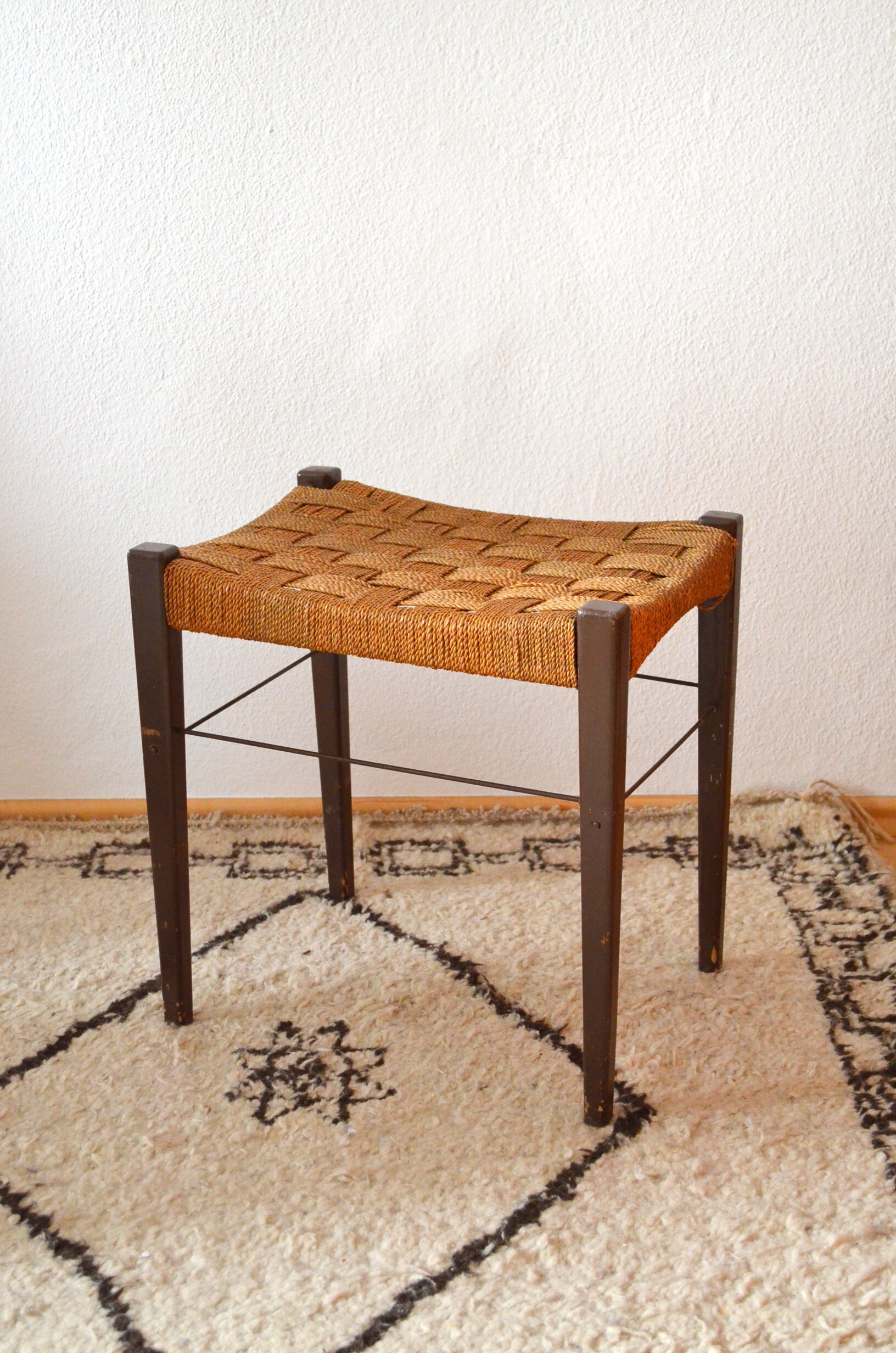 Vintage sisal rattan boho stool wicker mid century