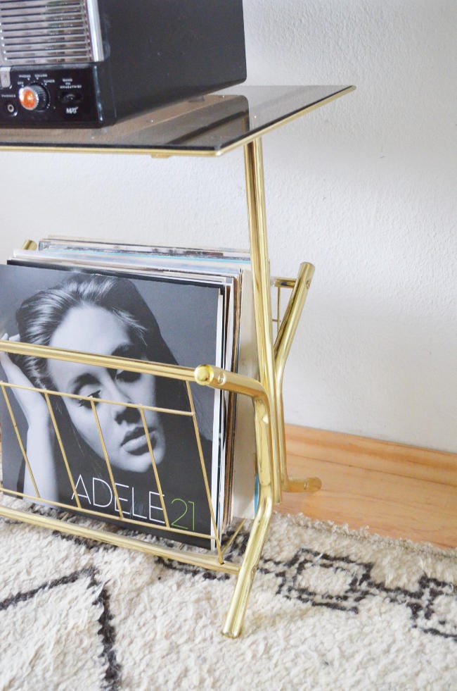 Gold vintage record stand, side table brass with glass for turntable ...