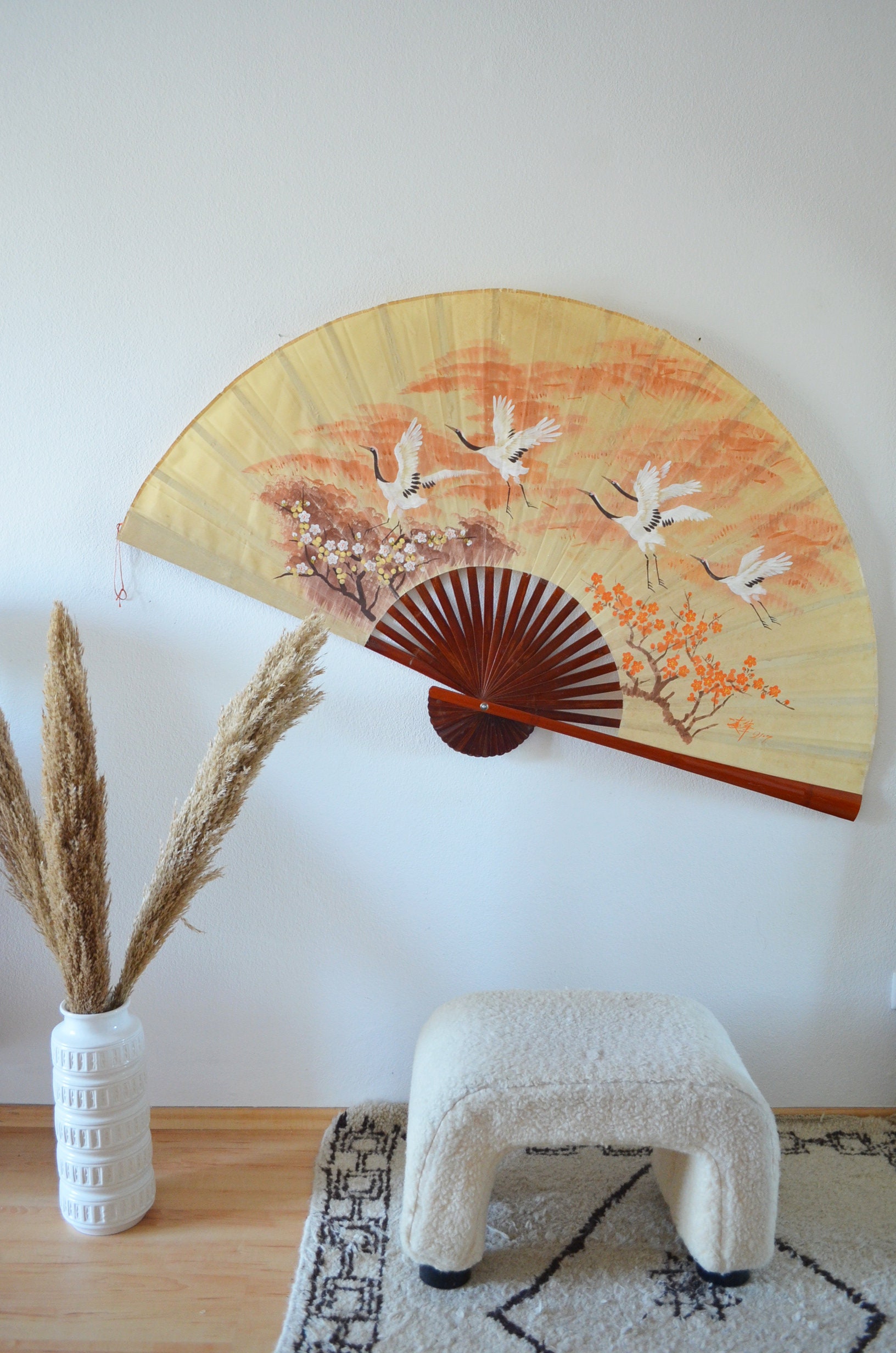 Vintage wood wall fan hand painted silk beige brown orange crane wall ...