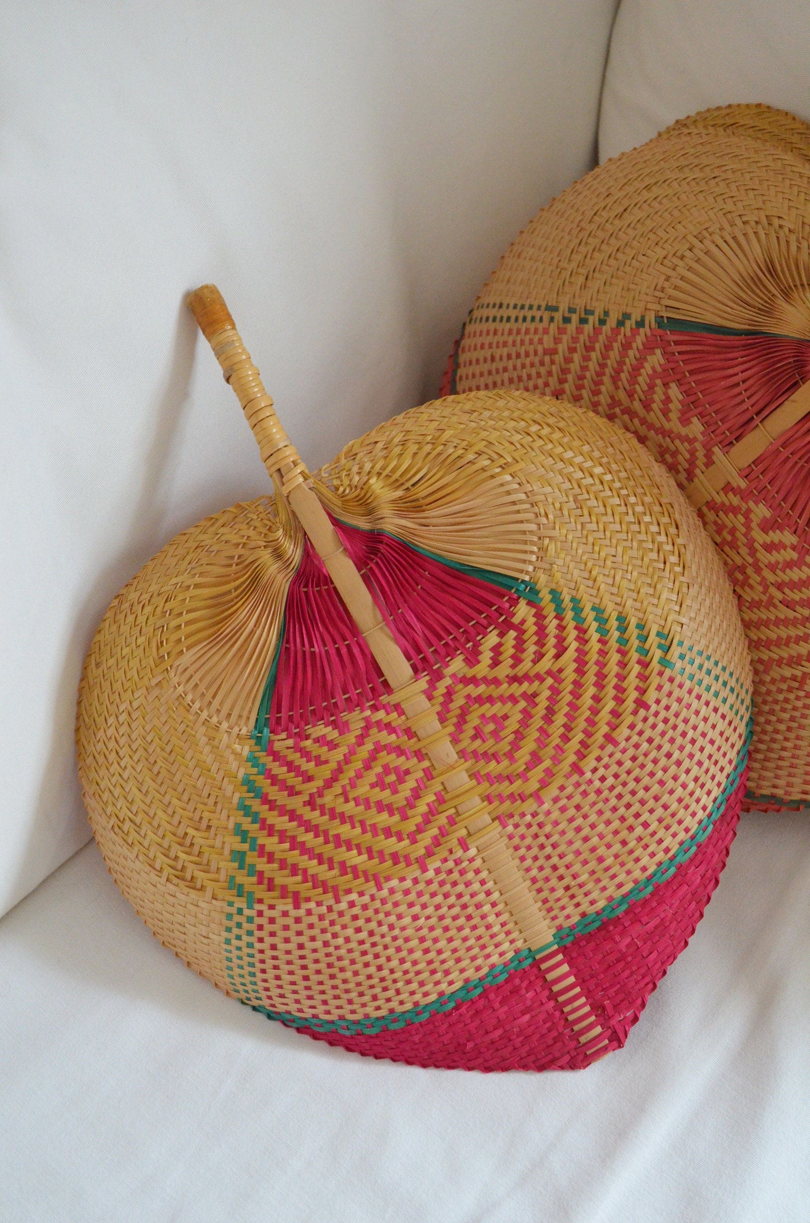 Vintage palm frond hand fan fan rattan boho boheme pink ethno