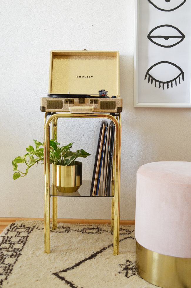 Vintage brass Shelf table record stand side table brass Gold
