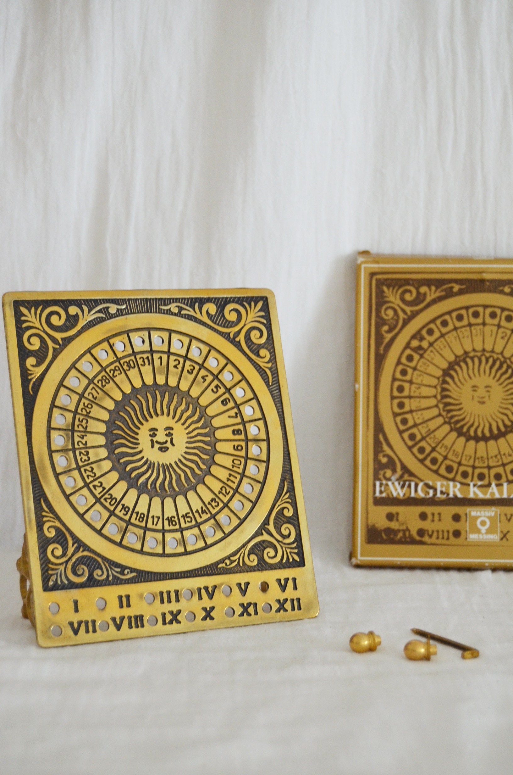 Vintage perpetual calendar of brass, table calendar sun , calender sun ...