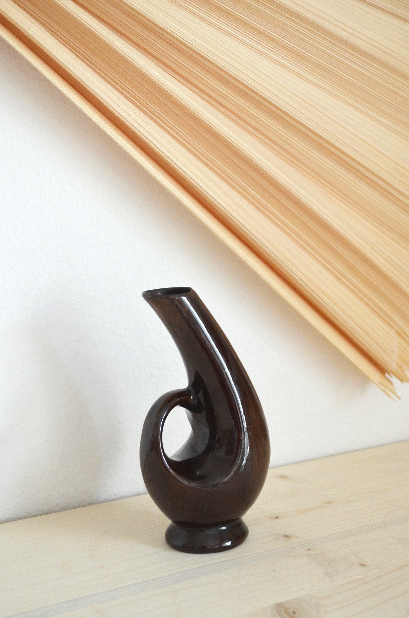 Mid century vase with hole brown handmade