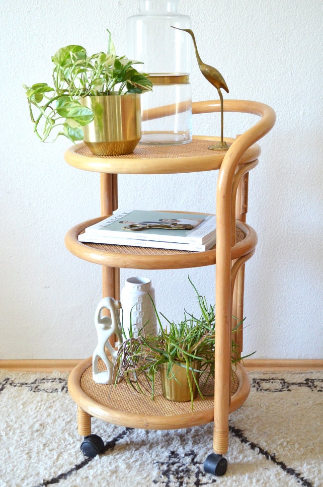 Bamboo Bar cart round trolley occasional table side table boho Rattan