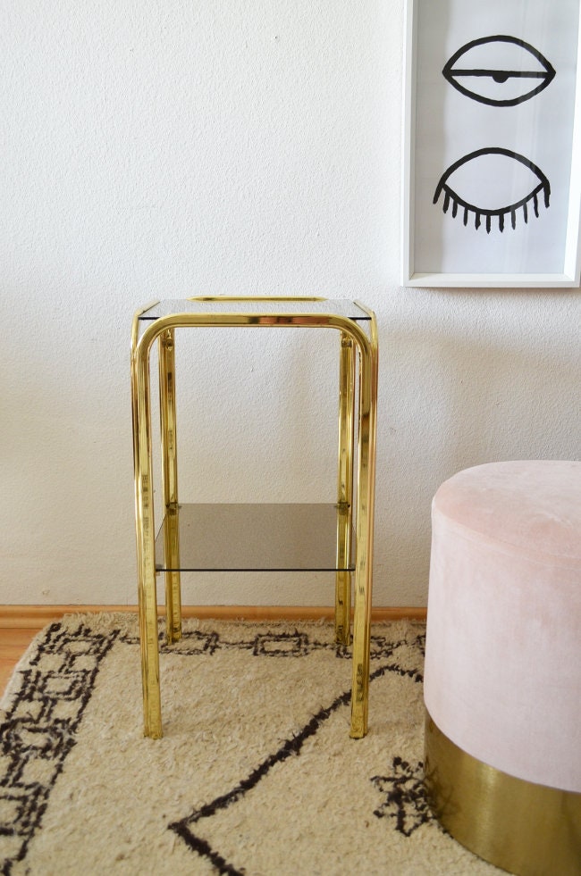 Vintage brass Shelf table record stand side table brass Gold
