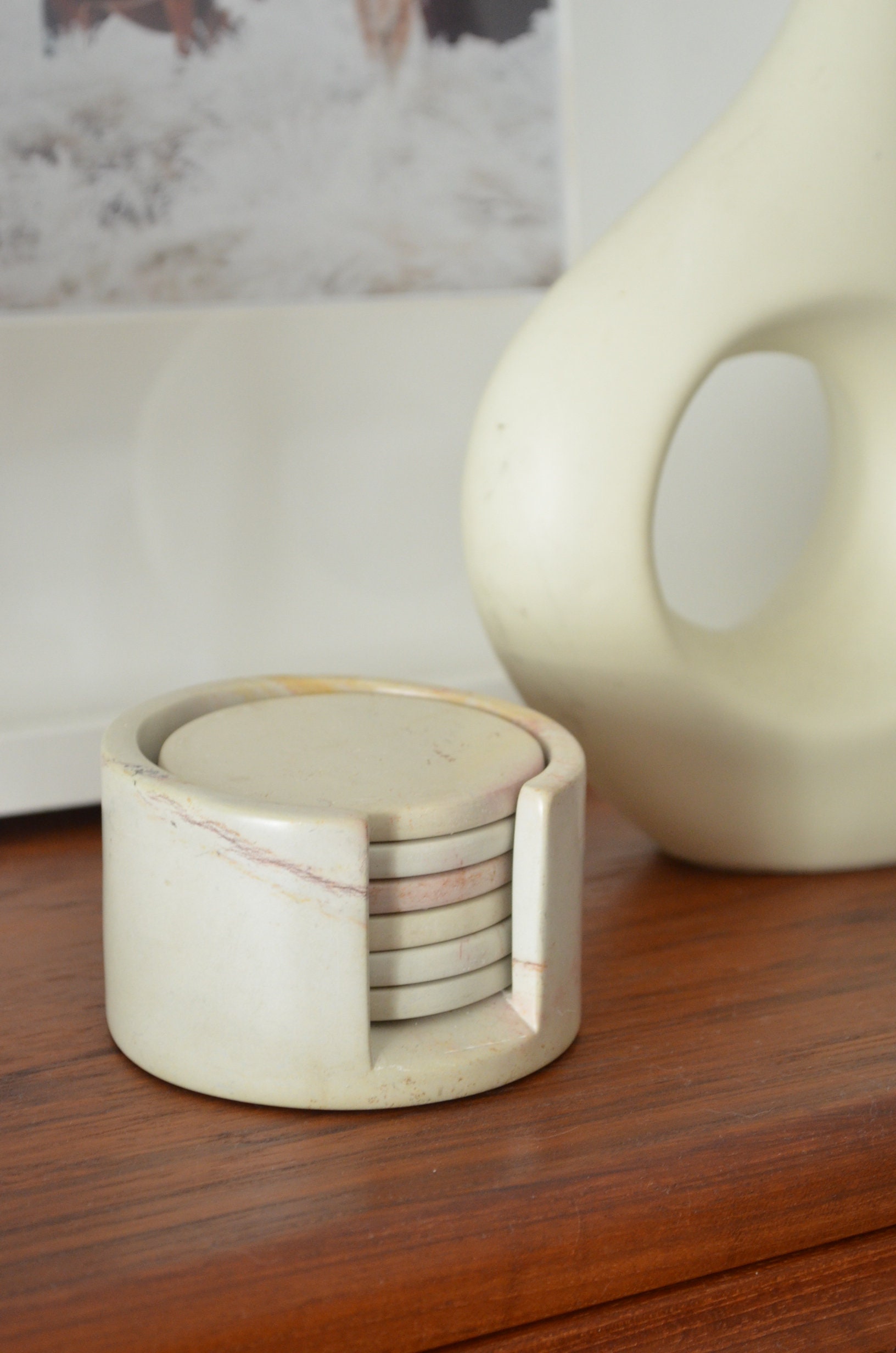 Set of 6 Soapstone Coasters with Stand Beige Coaster boho