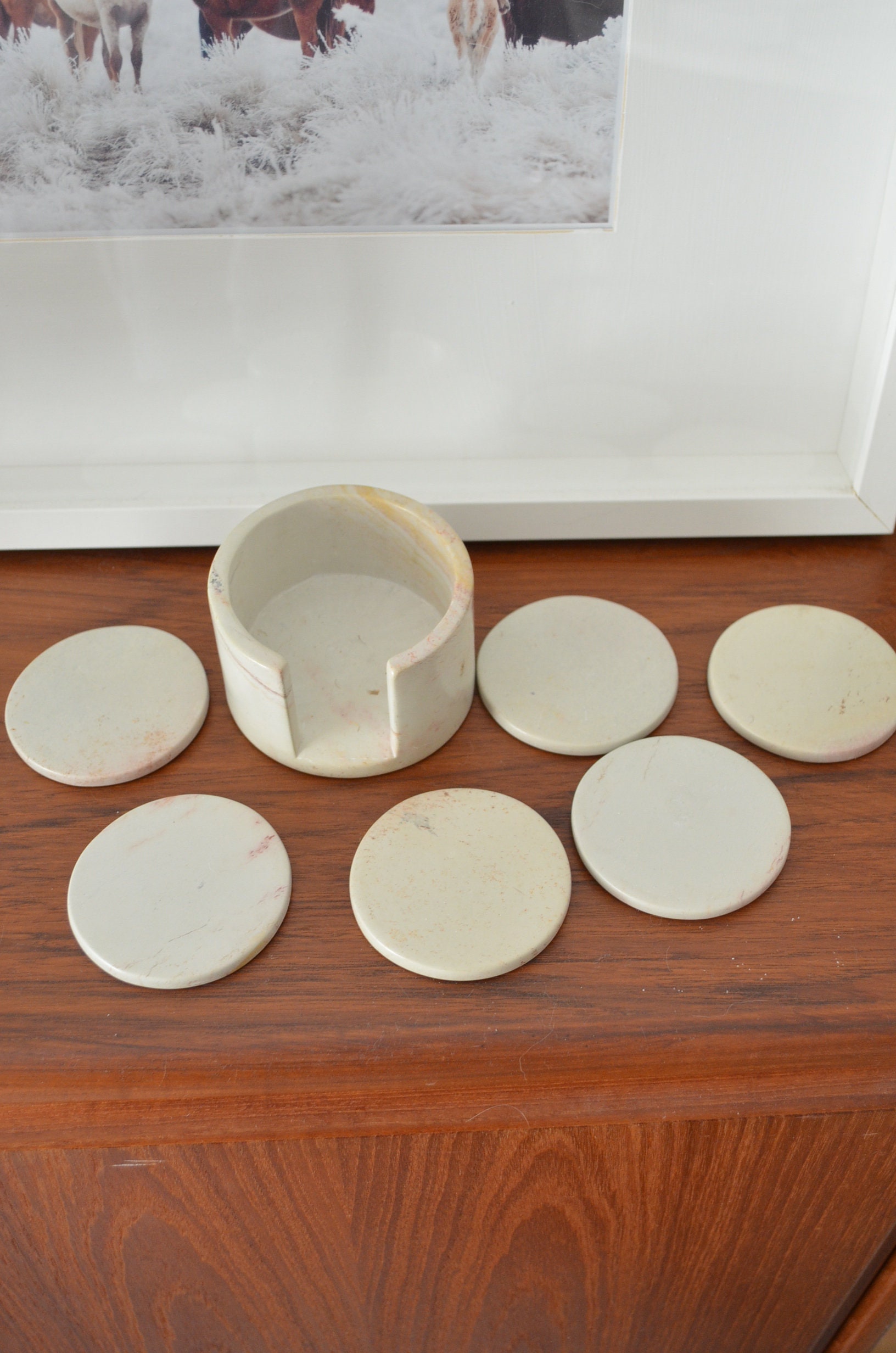 Set of 6 Soapstone Coasters with Stand Beige Coaster boho