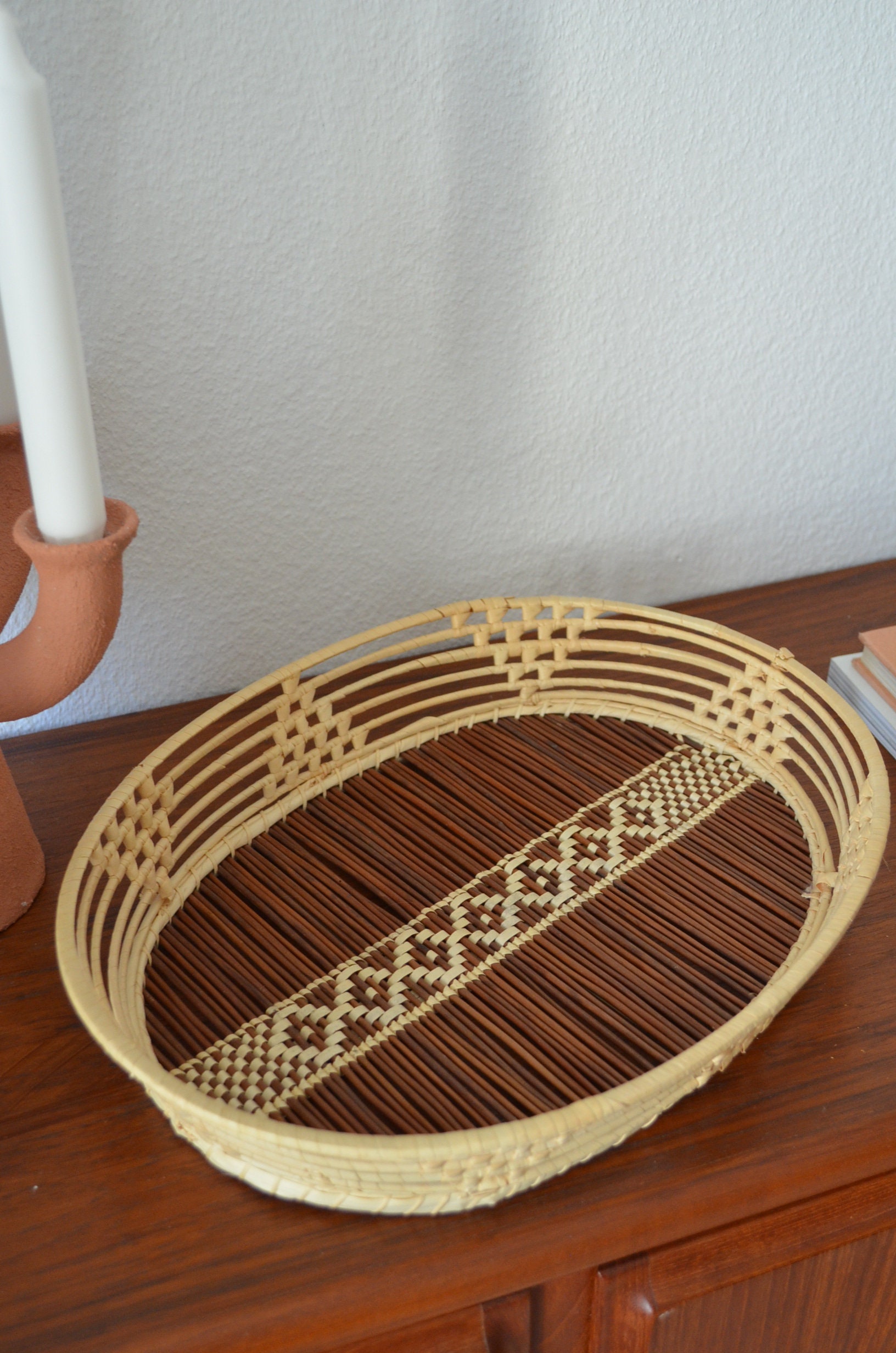 Boho rattan tray vintage tray bohemian ethno wicker round home decor basket