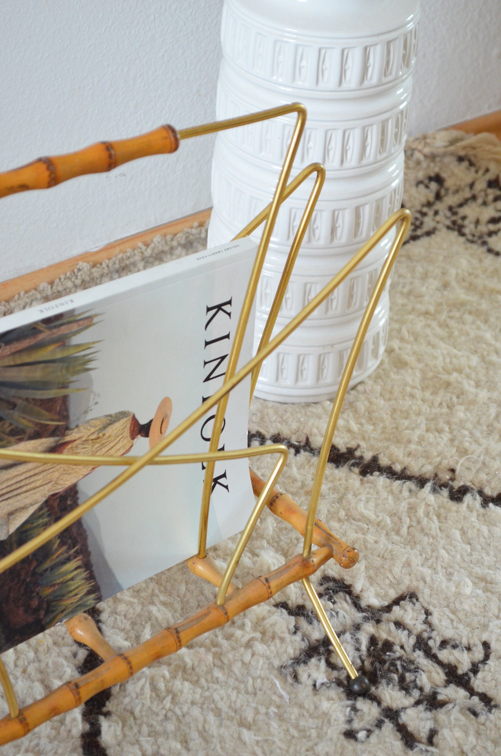 Vintage newspaper stand brass & wood gold 1960s boho brass magazine holder