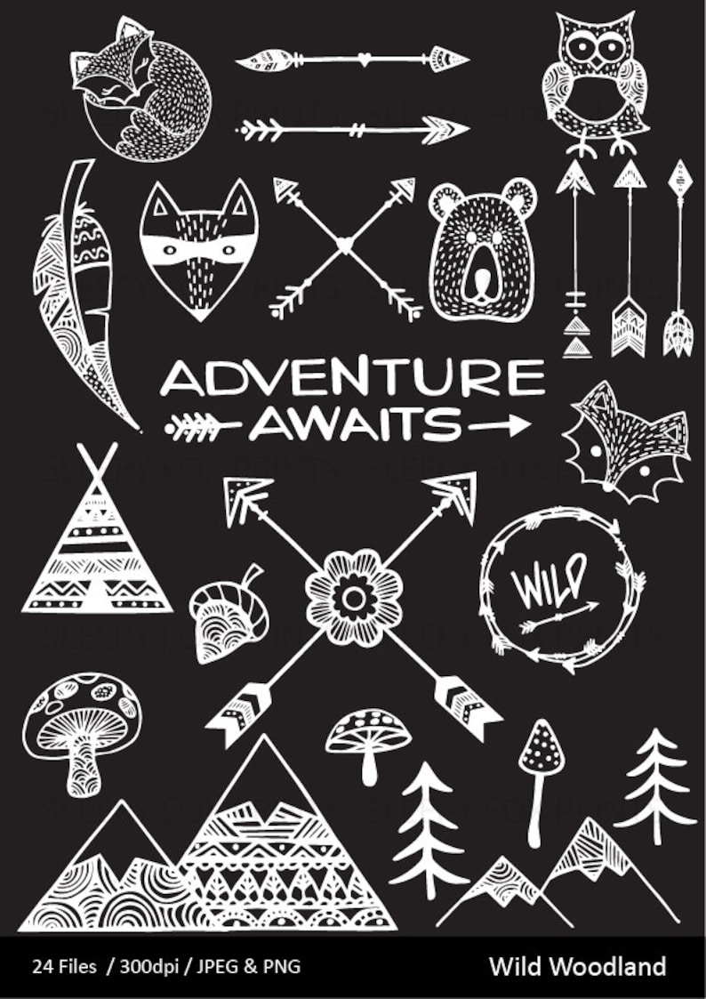 Wild Woodland Clipart, Wilderness,arrows, Feather, Bear, Mountain ...