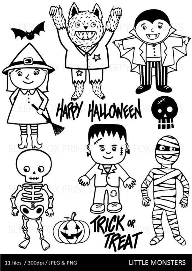 Mini Monsters , Halloween Clipart, Werewolf, Witch, Frankenstein ...