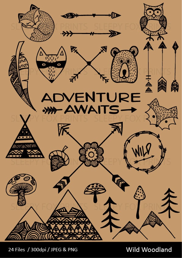 Wild Woodland Clipart, Wilderness,arrows, Feather, Bear, Mountain ...