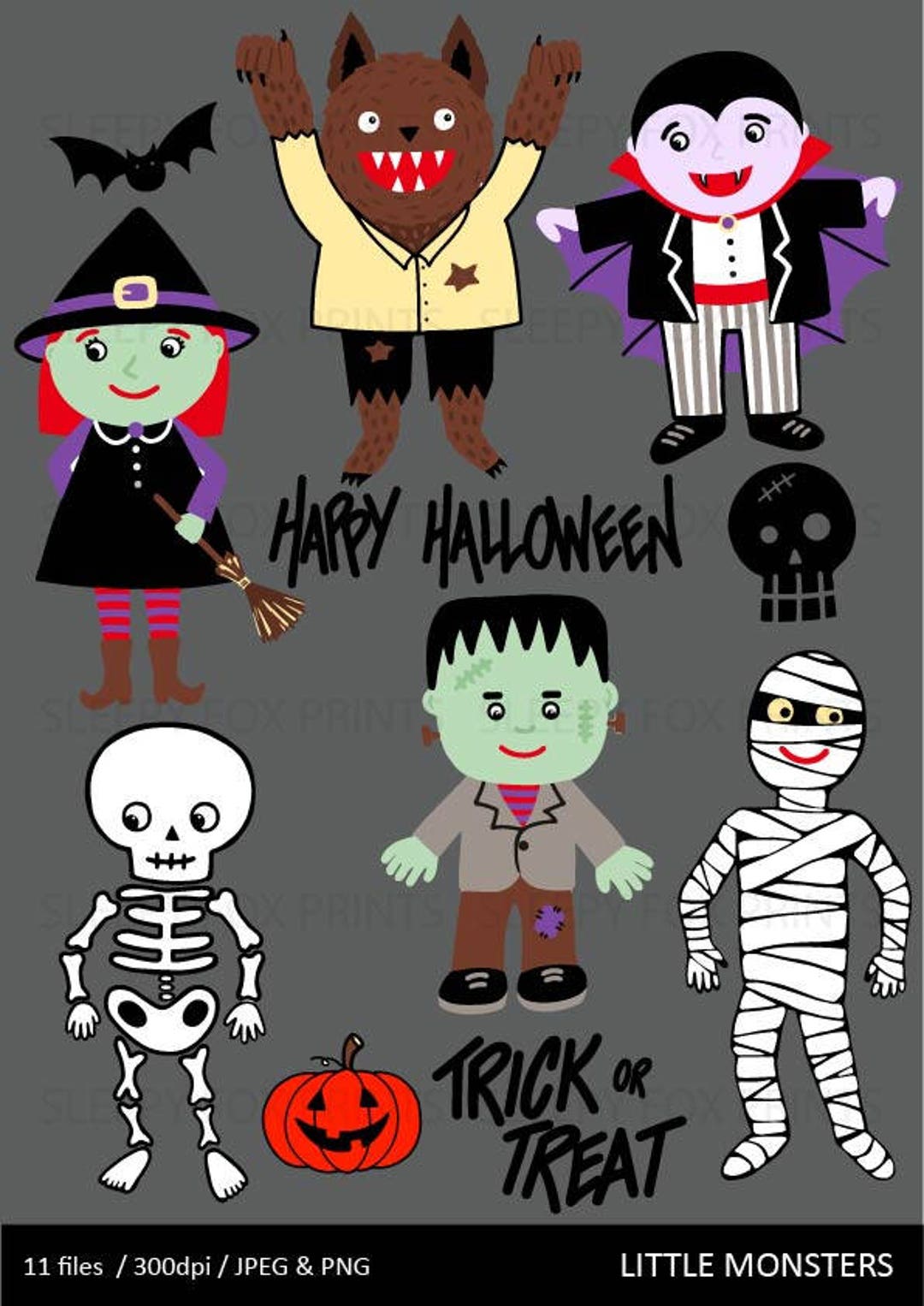 Little Monsters, Halloween Clipart, Werewolf, Witch, Frankenstein ...