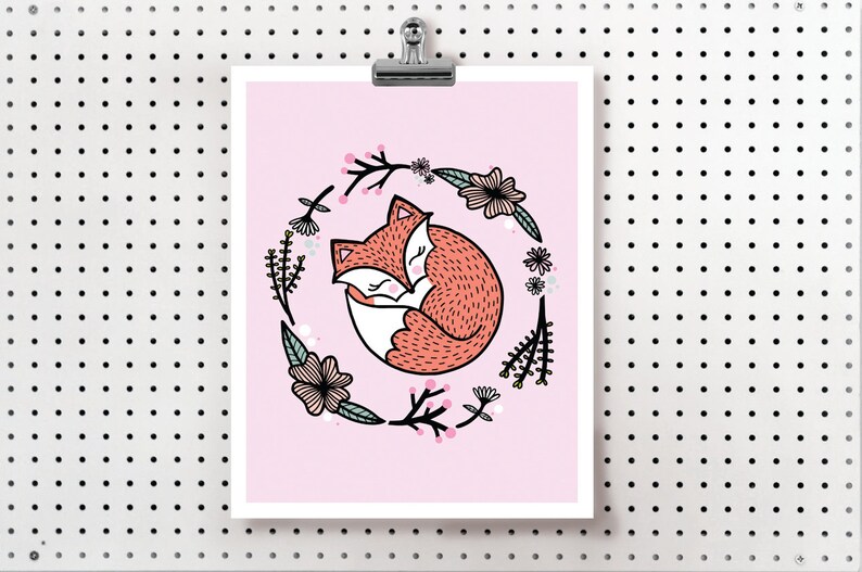Pink Floral Fox, Digital Prints, Hand Drawn Prints, Instant Download ...