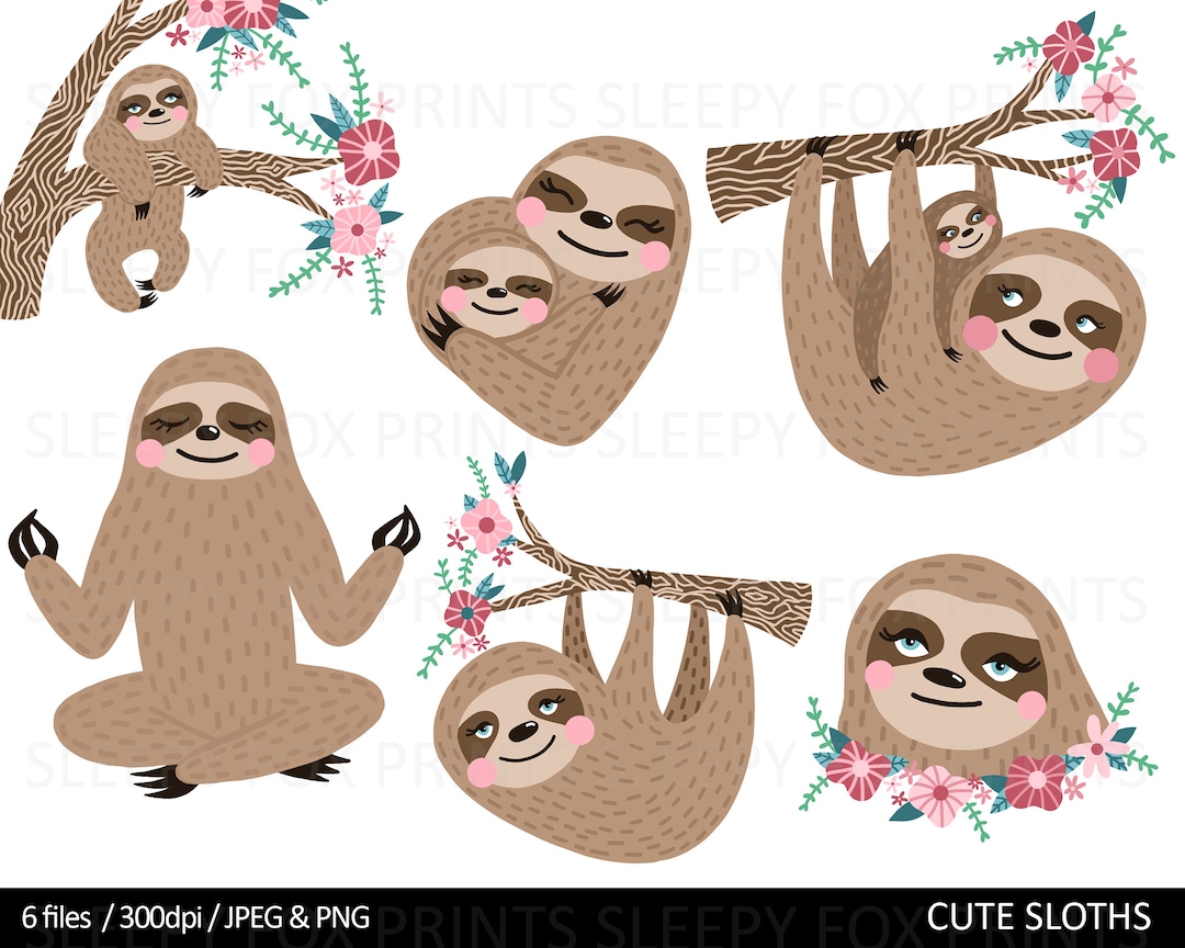 Sloth Clip Art, Cute Sloths Clipart, Digital Baby Daddy Mom Dad Mum Sloth Love Heart Hug Cuddle ...