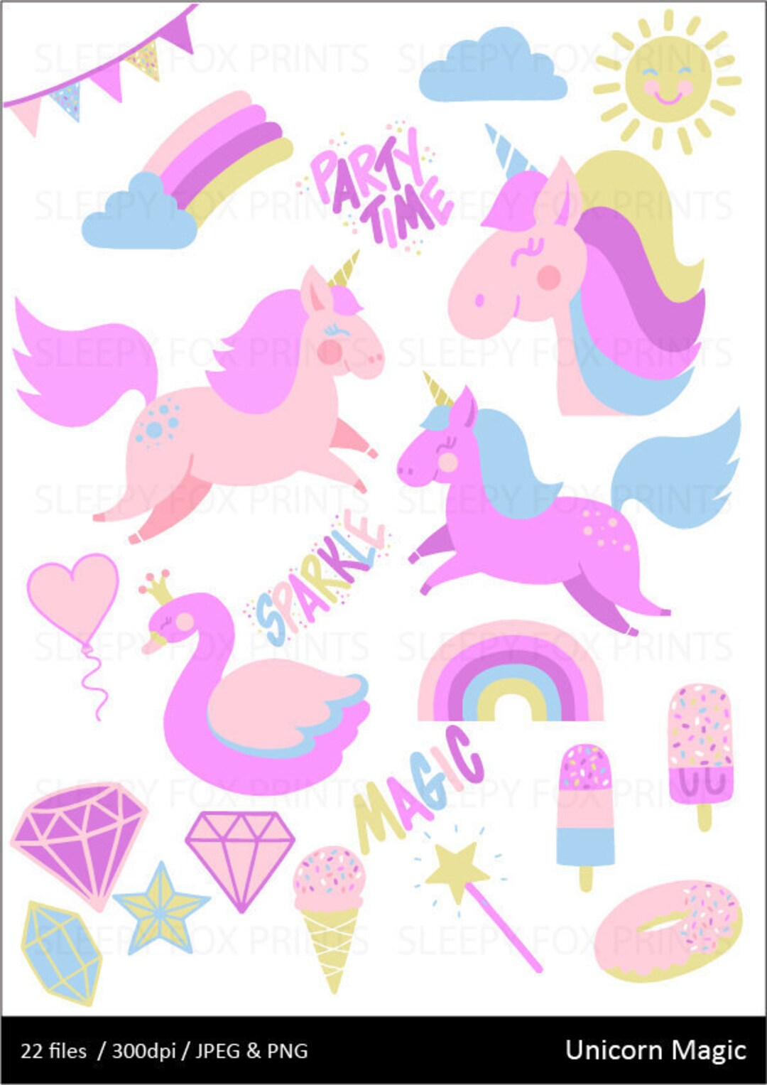Unicorn Clipart, Girls Party Clipart, Unicorn, Rainbow, Ice Cream ...