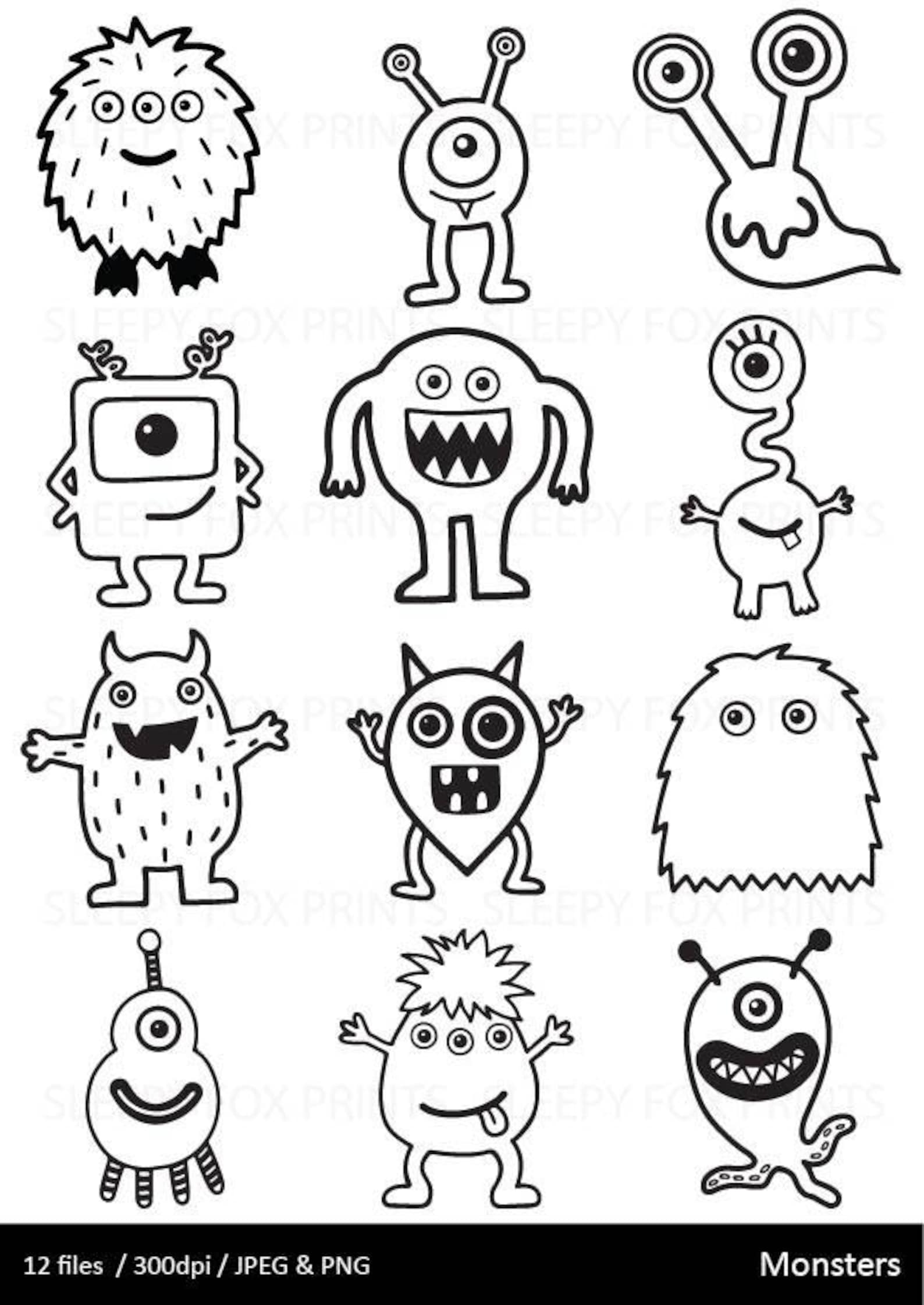 Monsters Clipart, Black and White, Monster Clip Art, Halloween, Boys ...