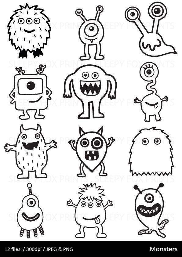Monsters Clipart, Black and White, Monster Clip Art, Halloween, Boys ...