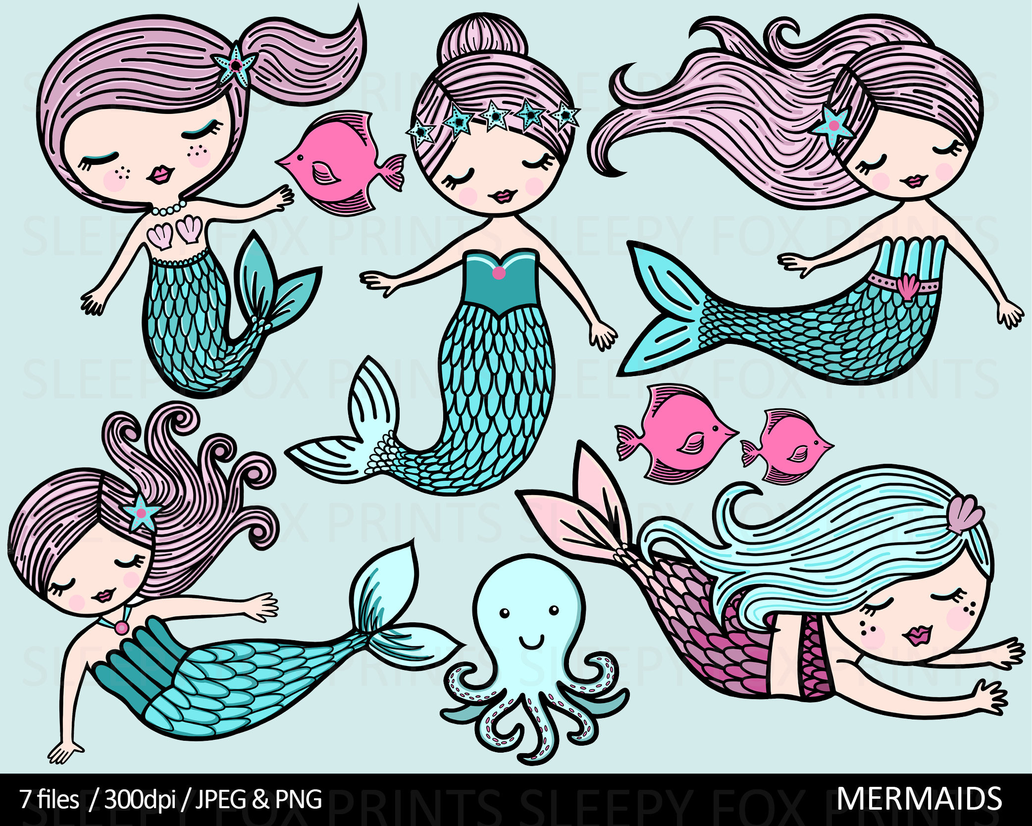 Mermaid Clip Art, Mermaids Clipart, Digital Nursery Mermaid Princess ...