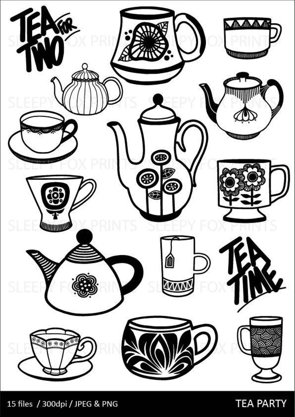 Tea Party Clip Art, Bridal Shower Clip Art, Tea Pots, Tea Cups, Black ...
