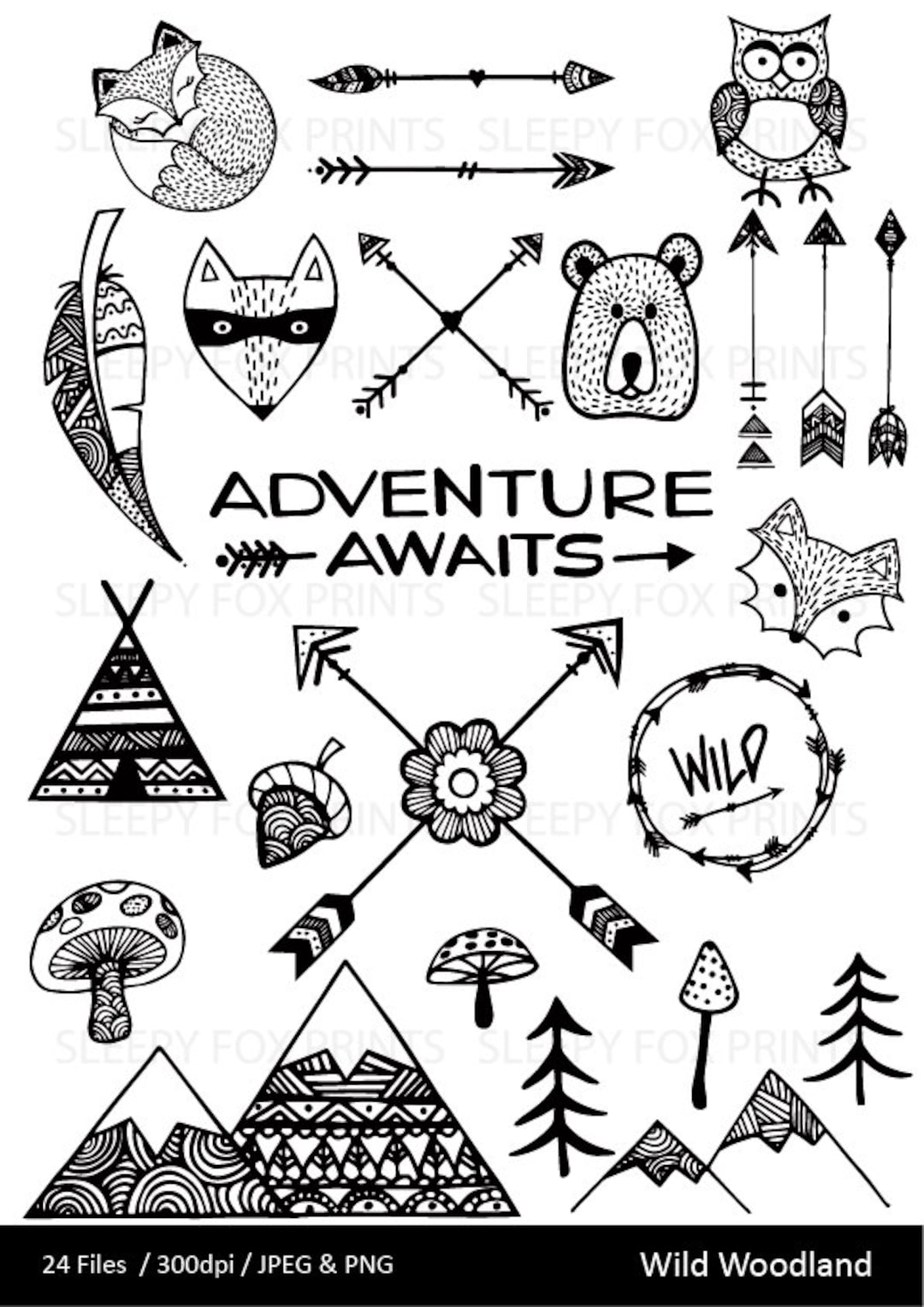 Wild Woodland Clipart, Wilderness,arrows, Feather, Bear, Mountain ...