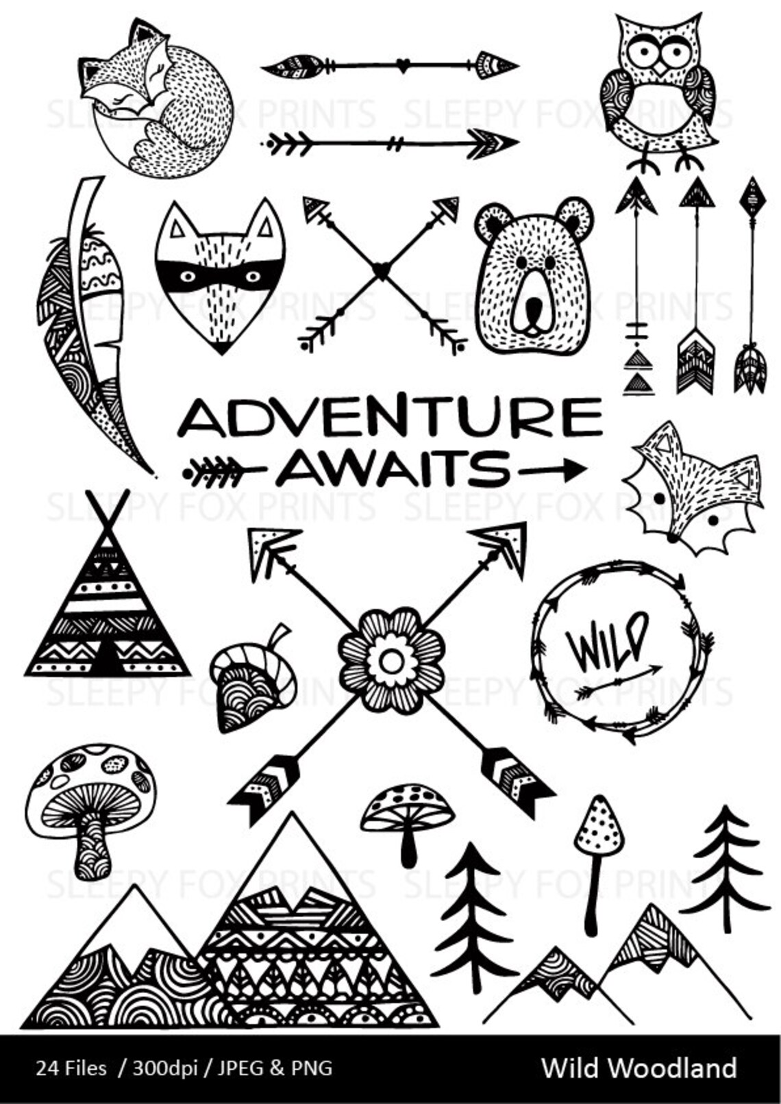 Wild Woodland Clipart, Wilderness,arrows, Feather, Bear, Mountain ...