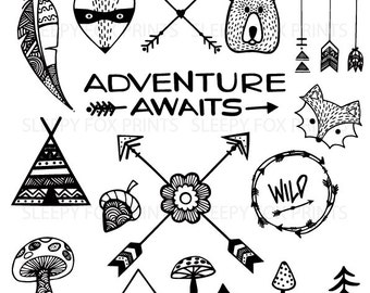 Wild Woodland Clipart, Wilderness,feather, Black and White , Mountain ...