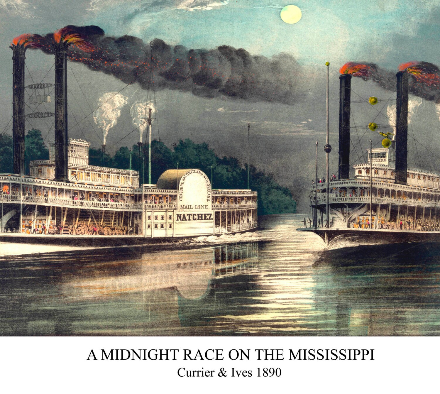 A Midnight Race on the Mississippi by Currier & Ives, 1890; 24x36 Inch ...