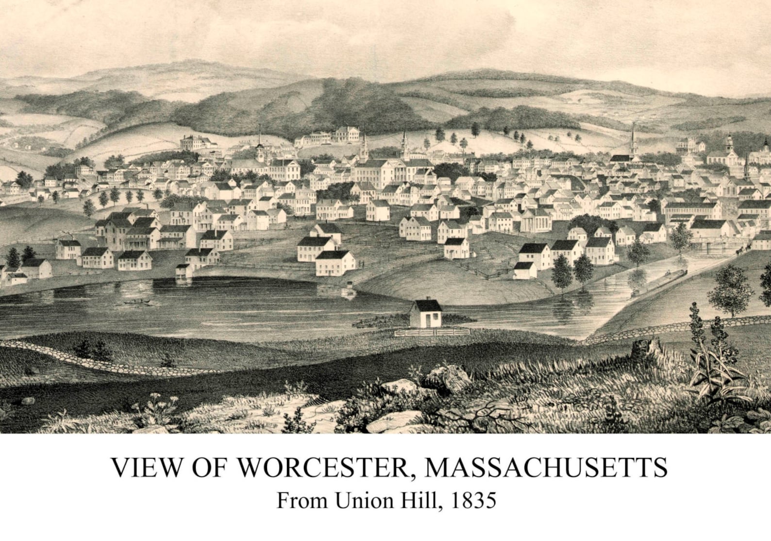 Worcester MA, 1835; 24x36 Inch Print Reproduced From a Vintage Painting ...