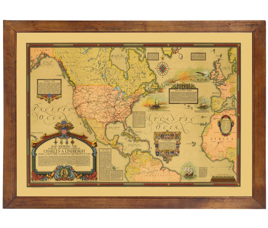 Charles A. Lindbergh Flight Map, 1928; 24x36 Inch Print Reproduced From ...