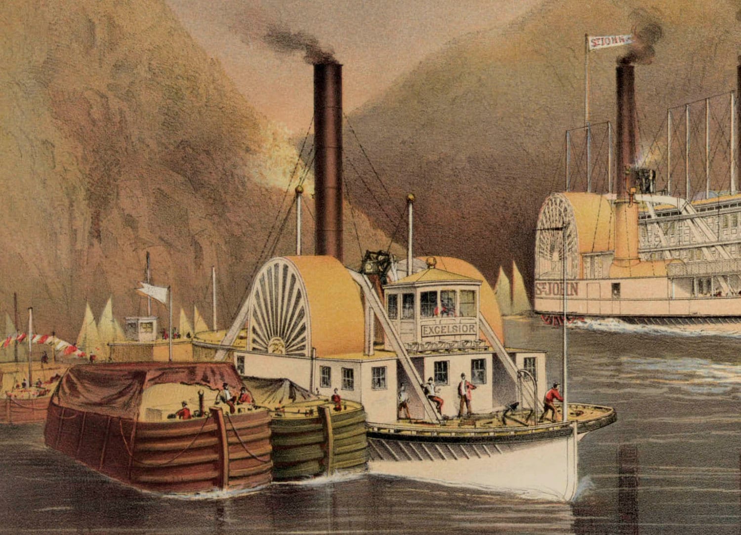American Steamboats on the Hudson by Currier & Ives, 1874 24x36 Inch ...