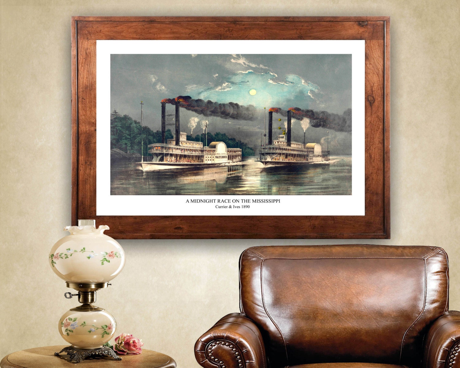 A Midnight Race on the Mississippi by Currier & Ives, 1890; 24x36 Inch ...