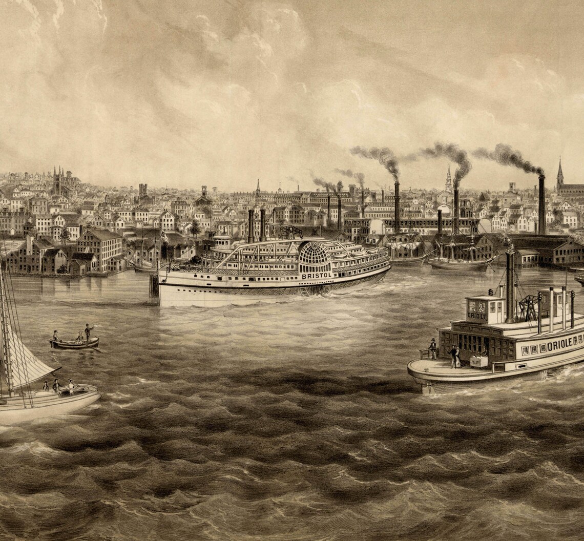 Fall River MA, 1870 24x36 Inch Print Reproduced From a Vintage Painting ...